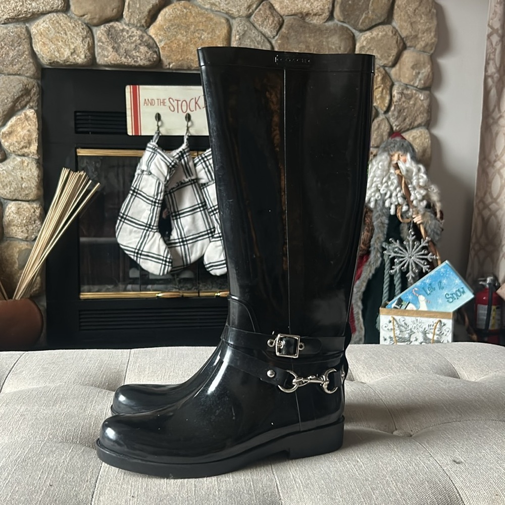 Coach Lori Black Rubber Tall Rain Boots W/ Silver Har… - Gem